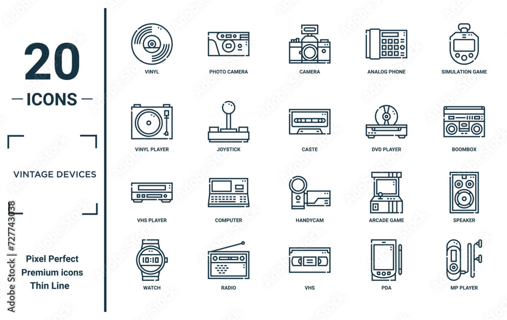 vintage devices linear icon set. includes thin line vinyl, vinyl player ...