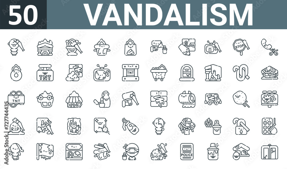 Vetor de set of 50 outline web vandalism icons such as monument ...