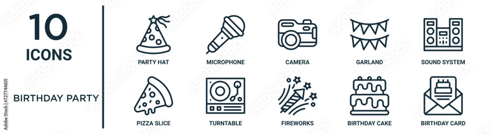 Vetor de birthday party outline icon set such as thin line party hat ...