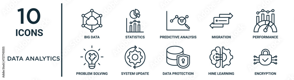 Vetor de data analytics outline icon set such as thin line big data, predictive analysis ...