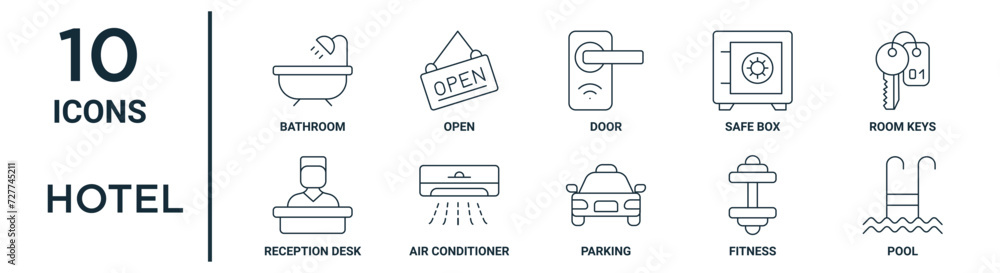 Vetor de hotel outline icon set such as thin line bathroom, door, room ...