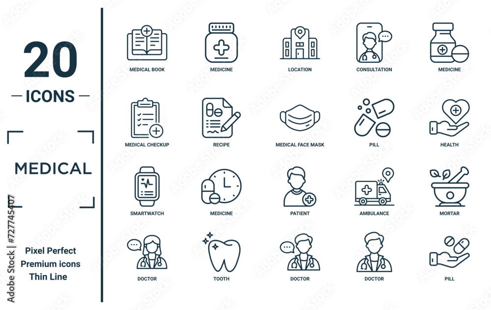 medical linear icon set. includes thin line medical book, medical checkup, smartwatch, doctor ...