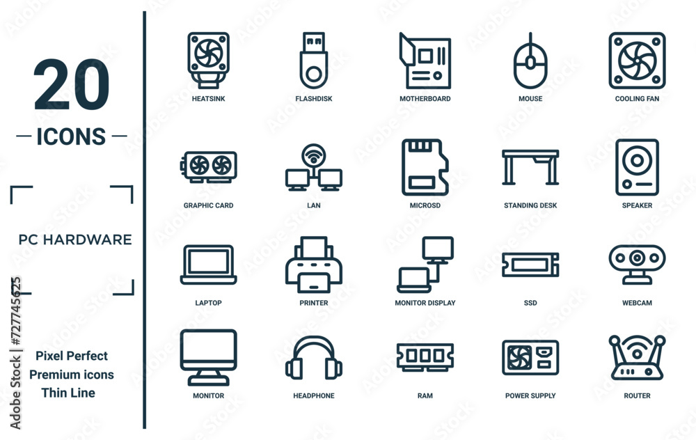 pc hardware linear icon set. includes thin line heatsink, graphic card ...
