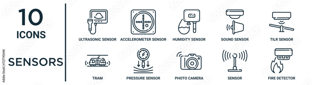 sensors outline icon set such as thin line ultrasonic sensor, humidity ...