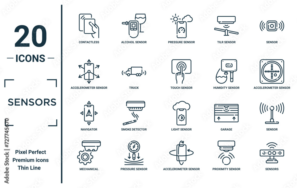Sensors Linear Icon Set Includes Thin Line Contactless Accelerometer Sensor Navigator