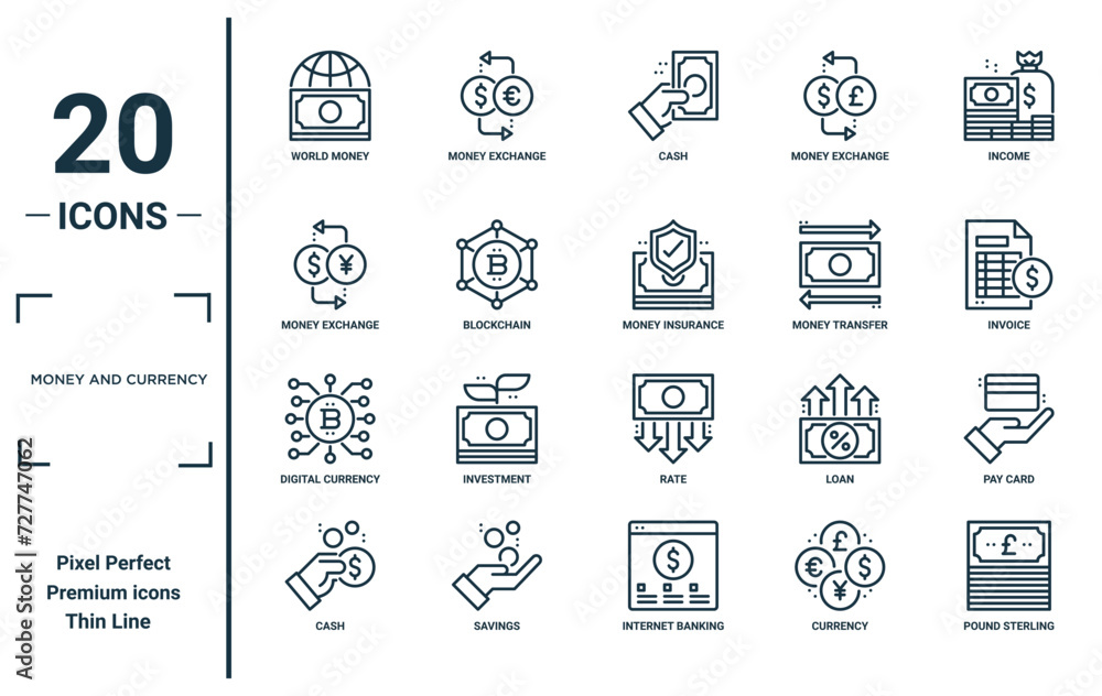 money and currency linear icon set. includes thin line world money ...