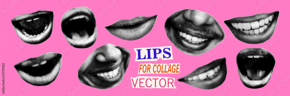 Halftone human lips and mouths for collage mixed media design. Cut out ...