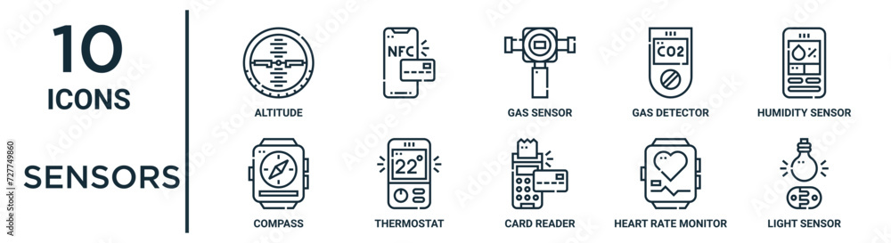 Sensors Outline Icon Set Such As Thin Line Altitude Gas Sensor Humidity Sensor Thermostat