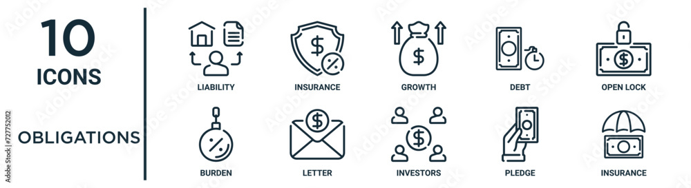 obligations outline icon set such as thin line liability, growth, open ...