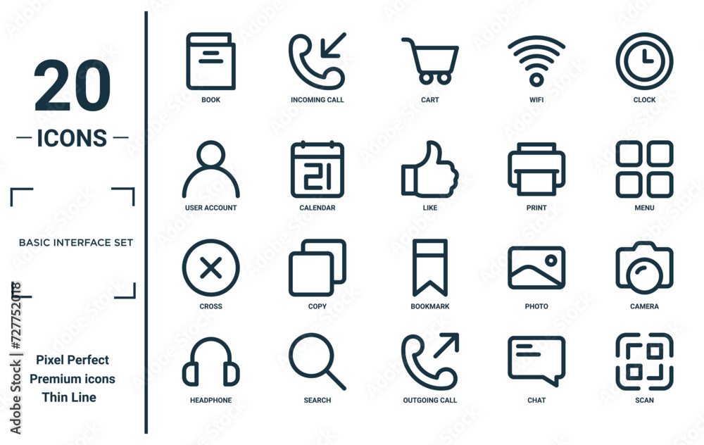 basic interface set linear icon set. includes thin line book, user account, cross, headphone ...