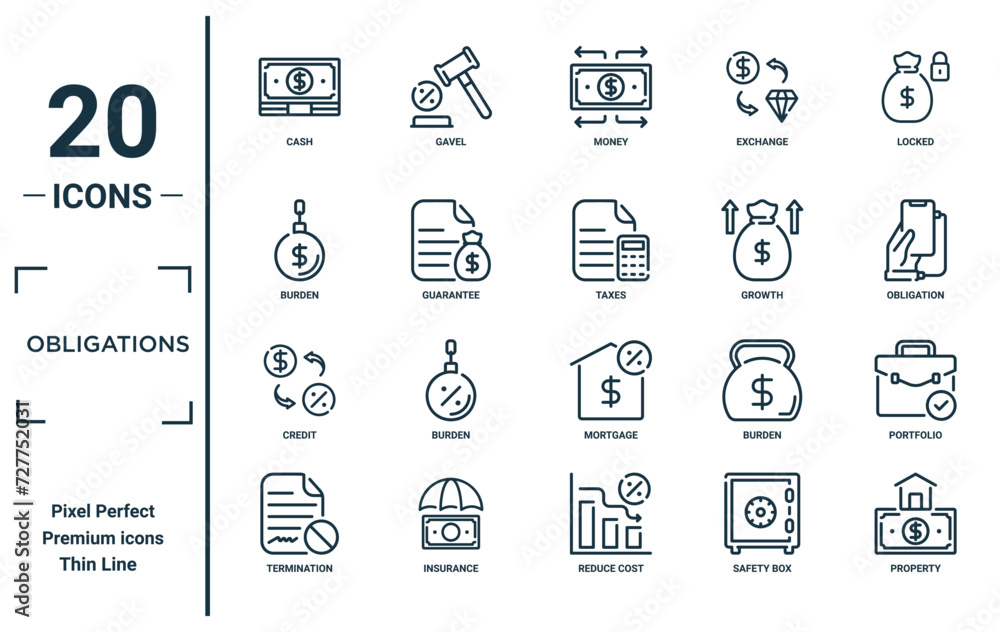 obligations linear icon set. includes thin line cash, burden, credit ...