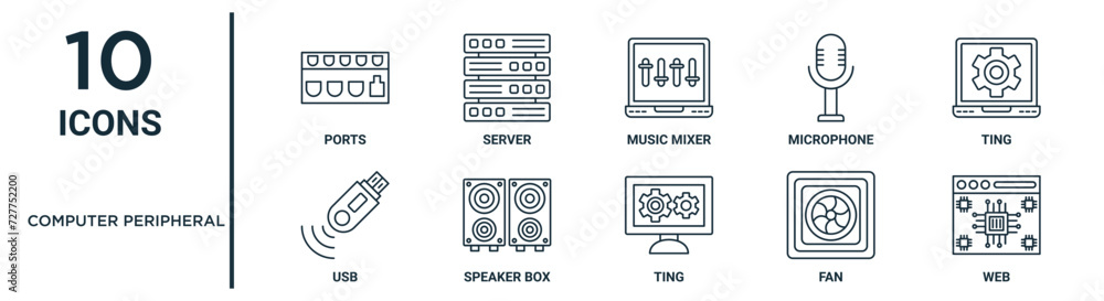 computer peripheral outline icon set such as thin line ports, music ...