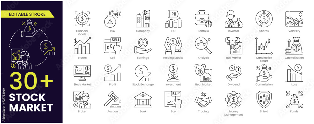 Vecteur Stock Stock market Stroke icon set. Containing stocks, stock ...