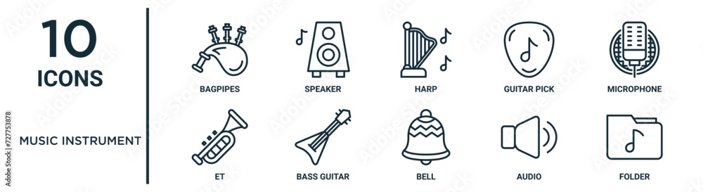 music instrument outline icon set such as thin line bagpipes, harp ...