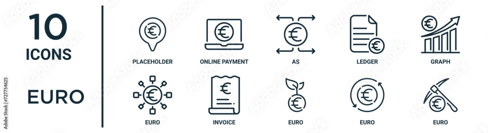 euro outline icon set such as thin line placeholder, as, graph, invoice ...