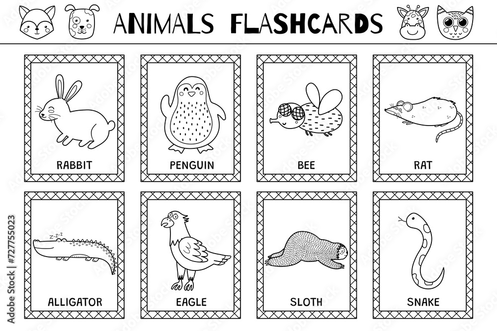 Animals flashcards black and white collection for kids. Flash cards set ...