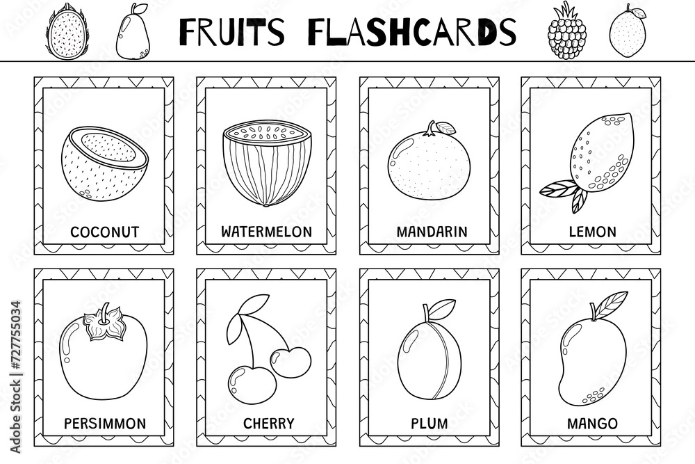 Fruits flashcards black and white set. Flash cards collection for ...