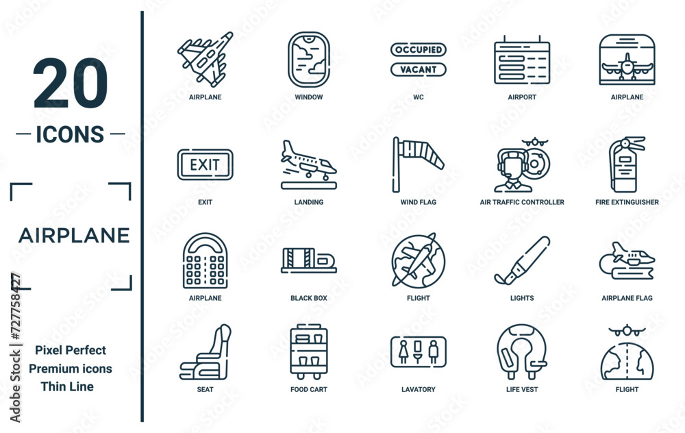airplane linear icon set. includes thin line airplane, exit, airplane ...
