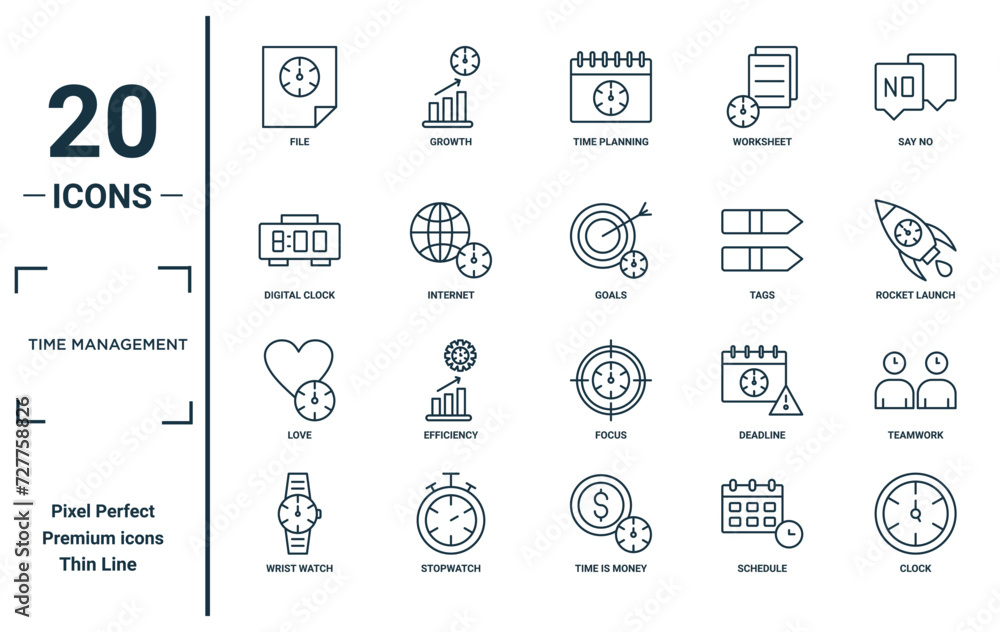 time management linear icon set. includes thin line file, digital clock ...