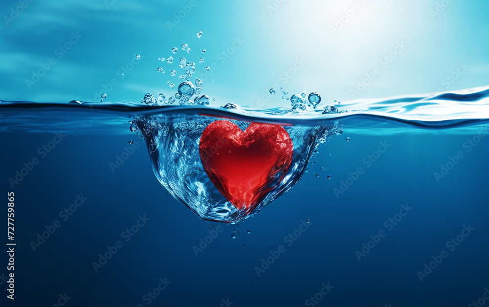 Ripples of Love: High Detail Red Heart Shape on Blue Water Stock Photo ...