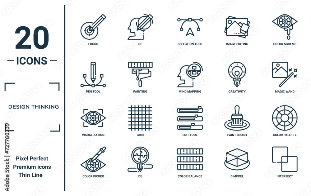 design thinking linear icon set. includes thin line focus, pen tool ...