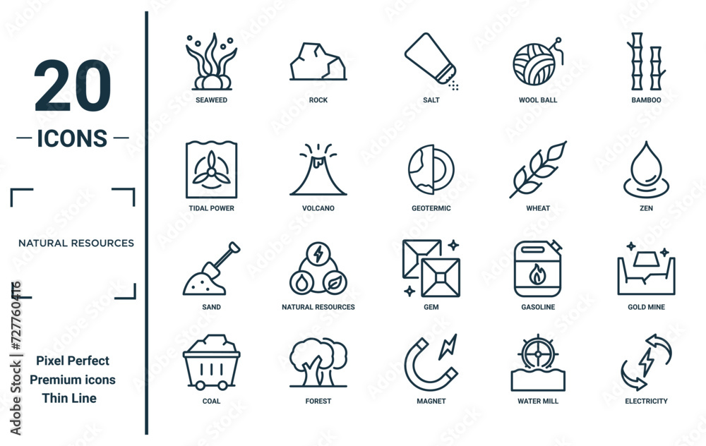 Vetor de natural resources linear icon set. includes thin line seaweed ...