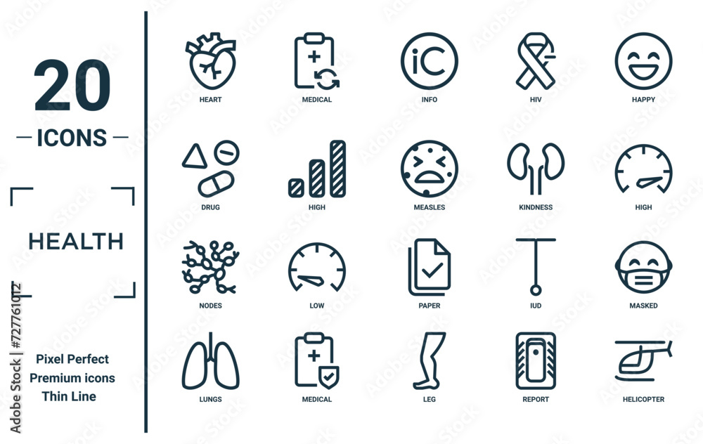 Vecteur Stock health linear icon set. includes thin line heart, drug ...