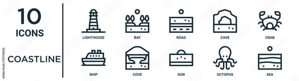 Vetor de coastline outline icon set such as thin line lighthouse, road ...