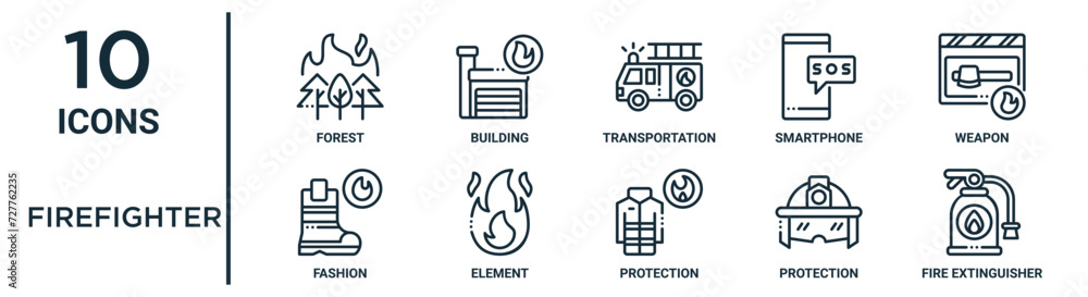 firefighter outline icon set such as thin line forest, transportation ...