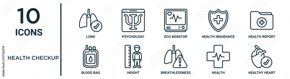 health checkup outline icon set such as thin line lung, ecg monitor ...