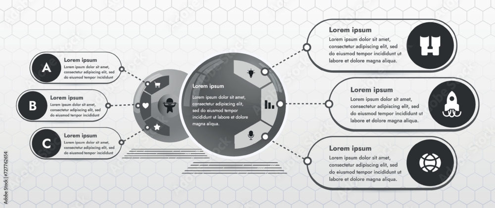 Three infographic elements with 6 and 3 sections for information. The ...