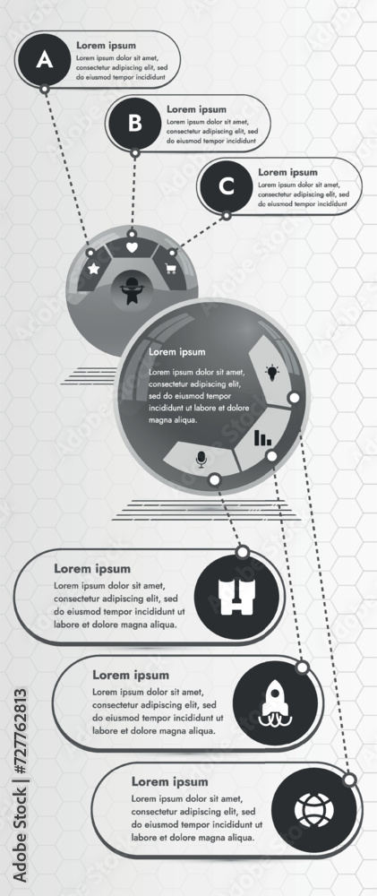 Three infographic elements with 6 and 3 sections for information. The ...