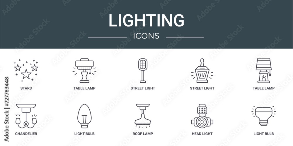 set of 10 outline web lighting icons such as stars, table lamp, street ...