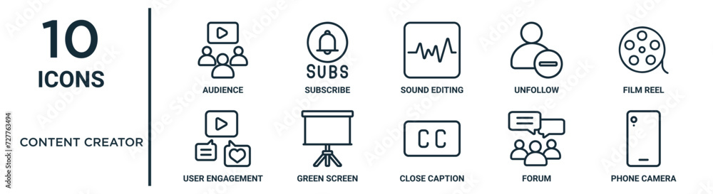 content creator outline icon set such as thin line audience, sound ...