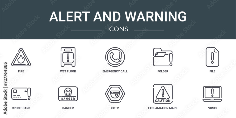 set of 10 outline web alert and warning icons such as fire, wet floor ...