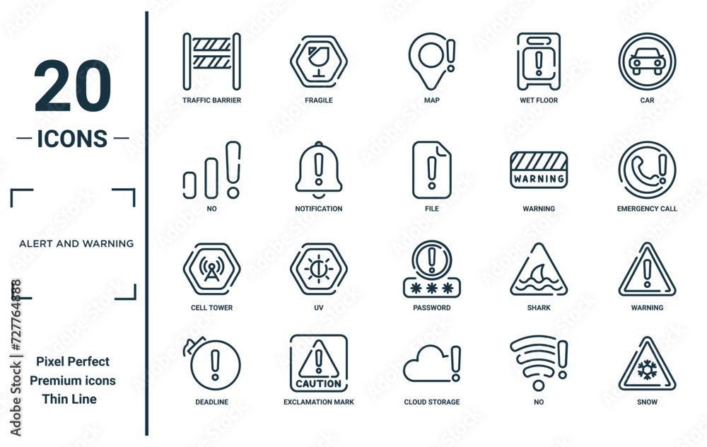 alert and warning linear icon set. includes thin line traffic barrier ...