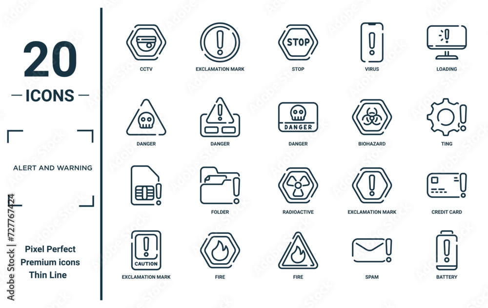 alert and warning linear icon set. includes thin line cctv, danger ...