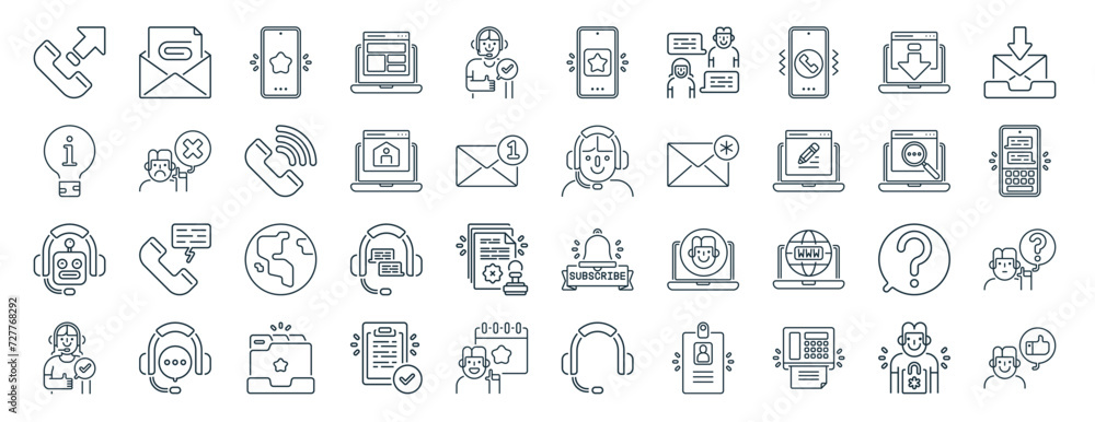 set of 40 outline web contact us icons such as attachment, information, chatbot, agent, search ...