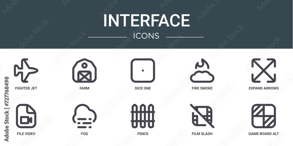 set of 10 outline web interface icons such as fighter jet, farm, dice ...