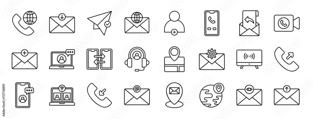 set of 24 outline web contact us icons such as international call ...