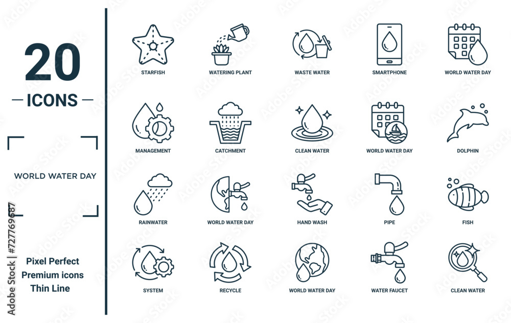 world water day linear icon set. includes thin line starfish ...