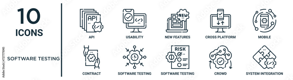 Vetor de software testing outline icon set such as thin line api, new ...