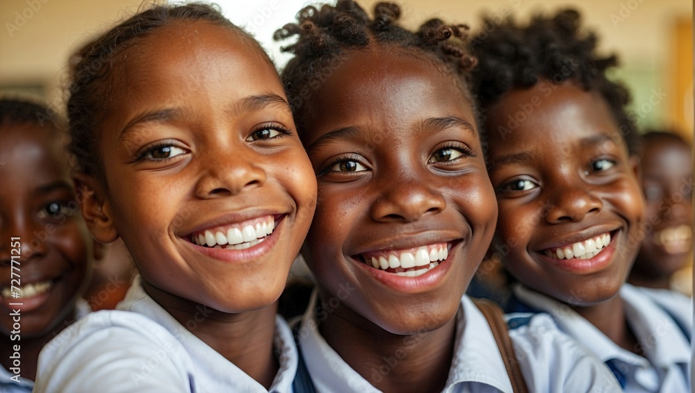 Group of joyful African schoolchildren with beaming smiles, wearing ...