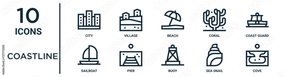 coastline outline icon set such as thin line city, beach, coast guard ...