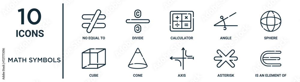 math symbols outline icon set such as thin line no equal to, calculator ...