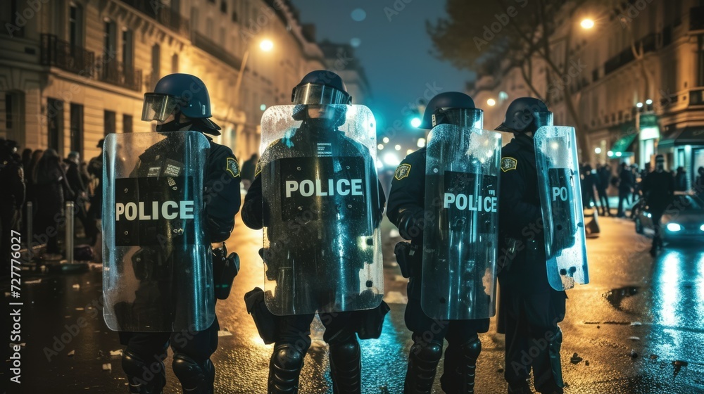 Group police officers patrolling city street. Policemen walk urban road ...
