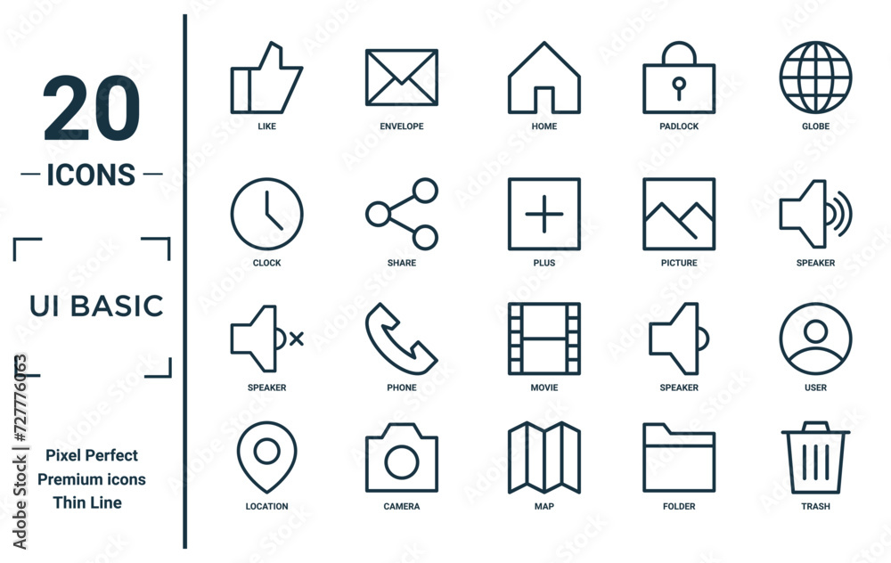 ui basic linear icon set. includes thin line like, clock, speaker ...