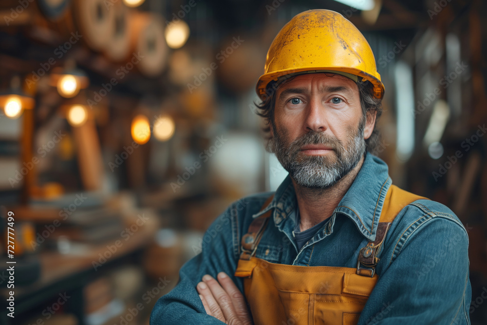 Confident middle-aged male worker in a yellow hard hat at a workshop ...