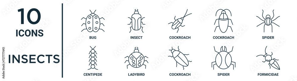 insects outline icon set such as thin line bug, cockroach, spider ...