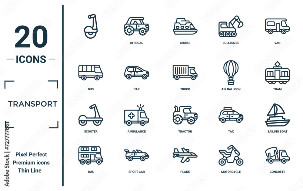 transport linear icon set. includes thin line , bus, scooter, bus ...